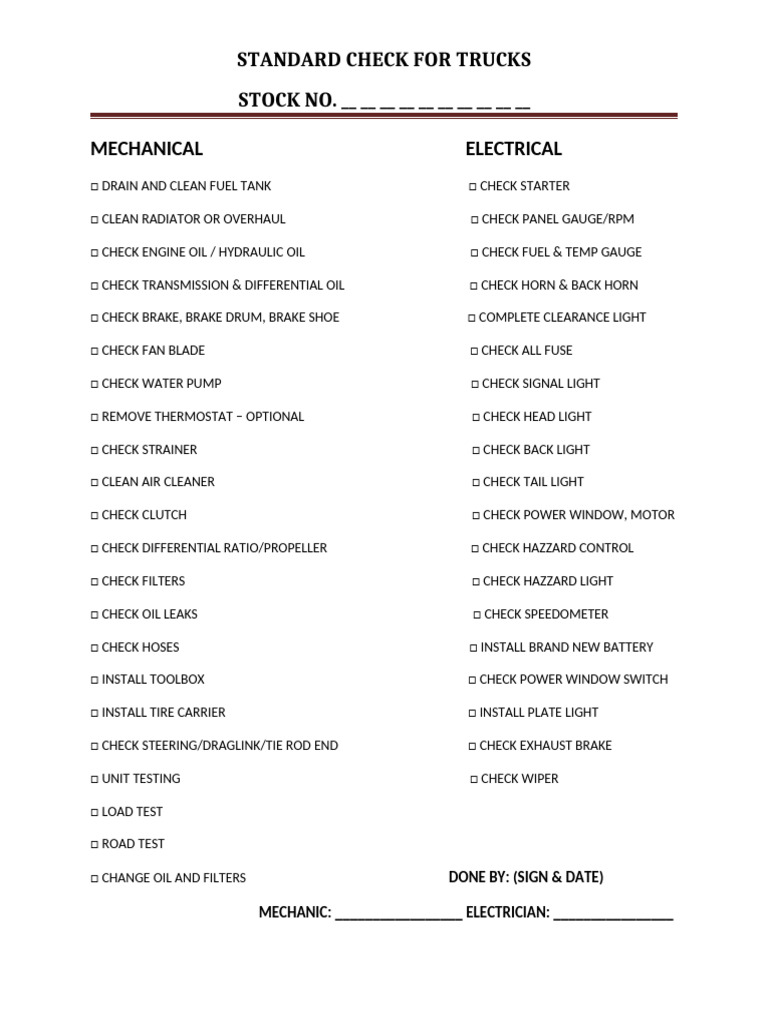 Standard Check For Trucks | PDF | Brake | Truck
