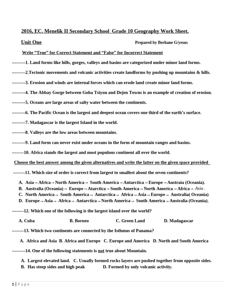 2017, EC Geography Grade 10 Work Sheet | PDF | Temperate Climate | Tropics