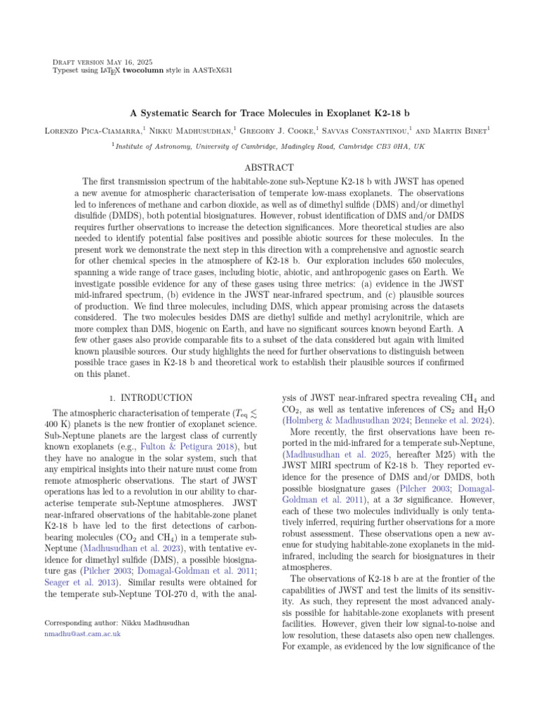 A Systematic Search For Trace Molecules in Exoplanet K2-18 B | PDF ...