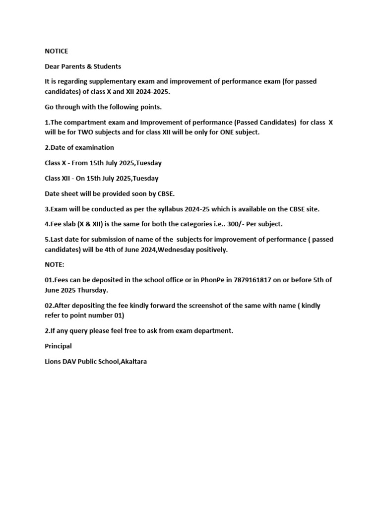 Class 12 Improvement Exam Date 2025 | PDF