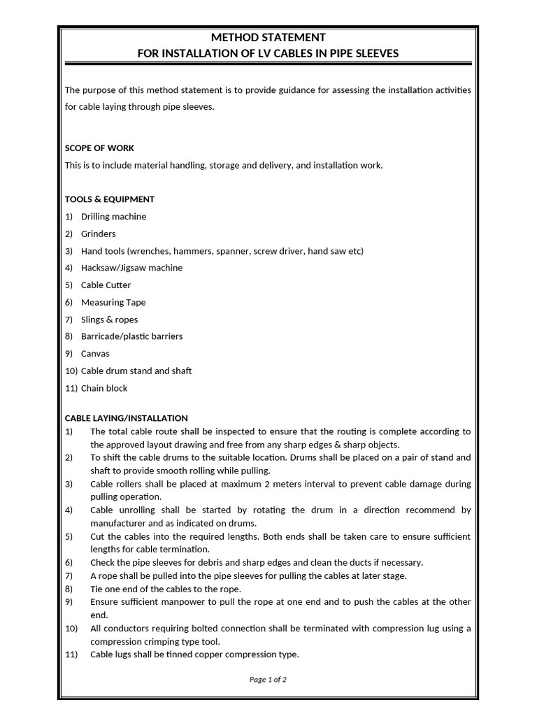 Method Statement-Laying LV CABLES | PDF