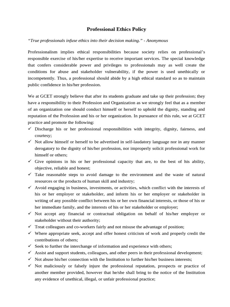 Professional Ethics Policy | PDF | Sustainable Development | Sustainability