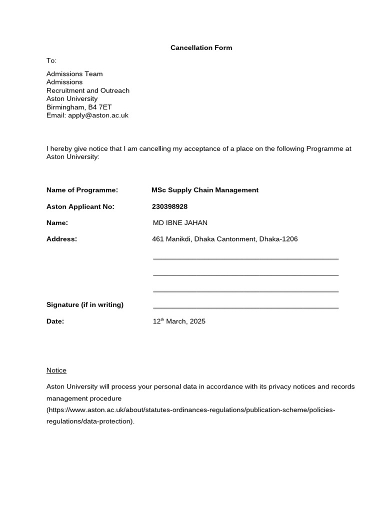 Cancellation Form | PDF