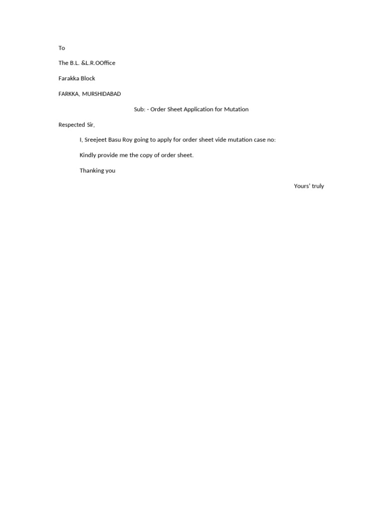 Application For Order Sheet Format Pdf