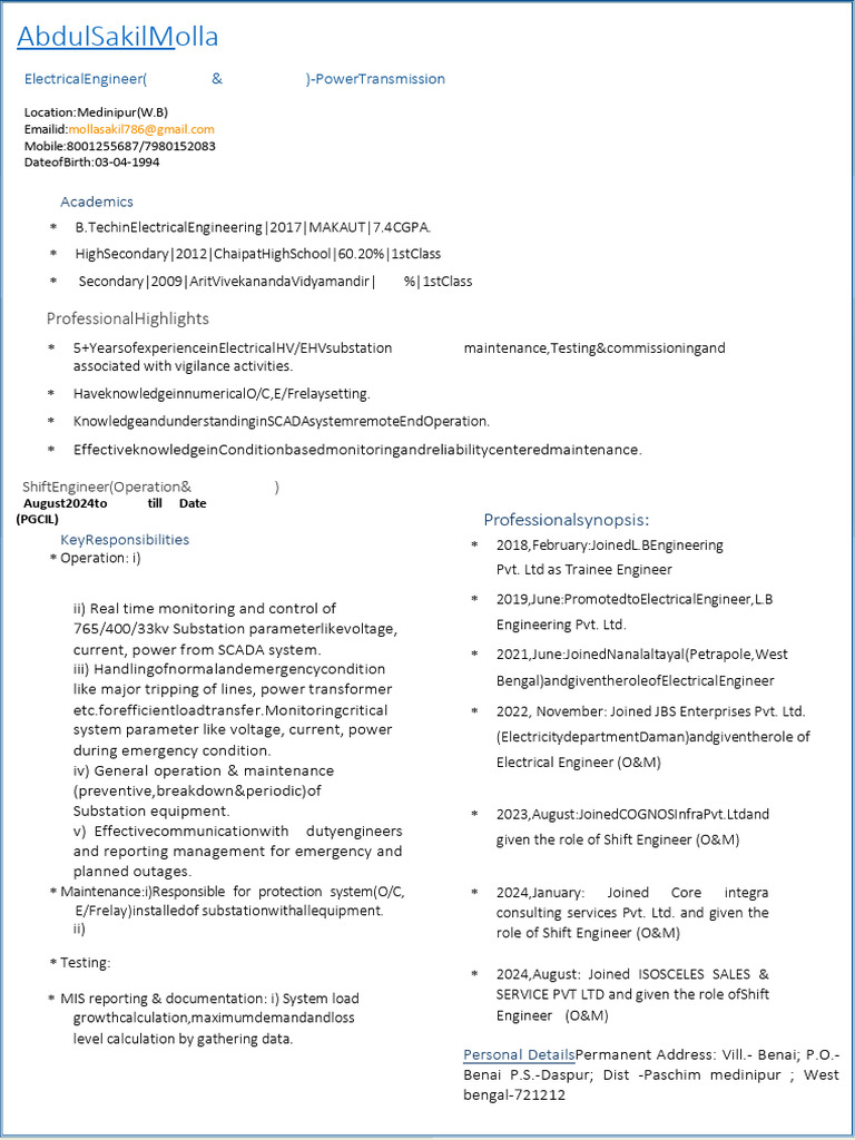 Abdul Sakil Molla 2025 CV | PDF | Electrical Engineering | Electronic Engineering
