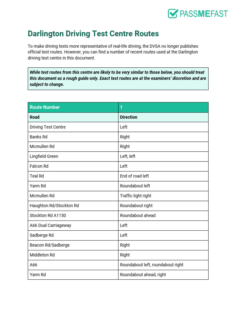 Darlington Driving Test Routes | PDF | Streets And Roads | Road