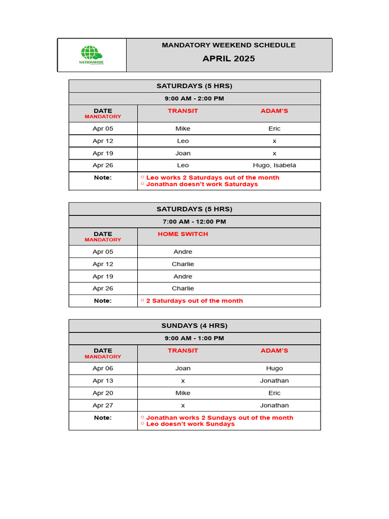 April Mandatory Weekend Schedule | PDF