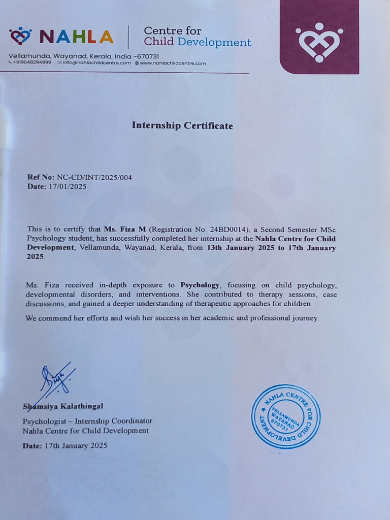 Fiza.M Internship Certificate | PDF