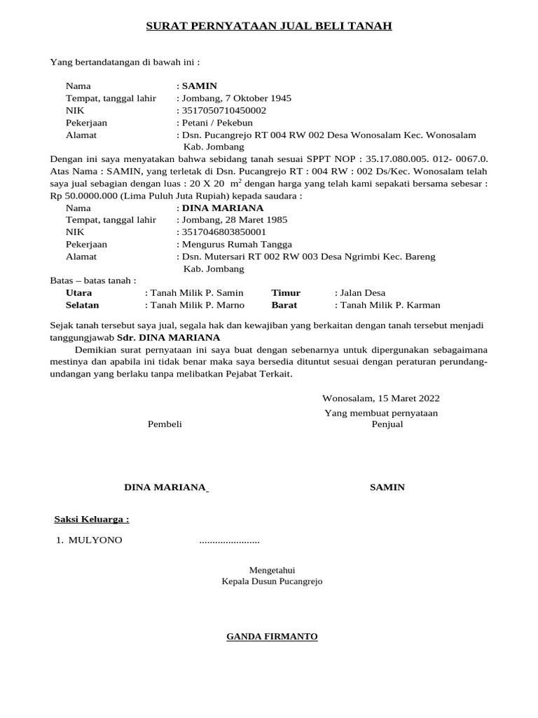 Surat Perjanjian Jual Beli Samin - Dina | PDF