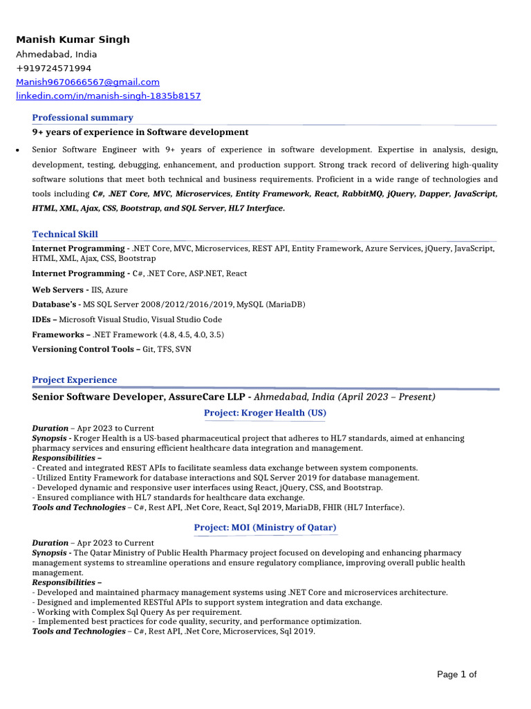 Naukri ManishKumarSingh (9y 0m) | PDF | Entity Framework | J Query