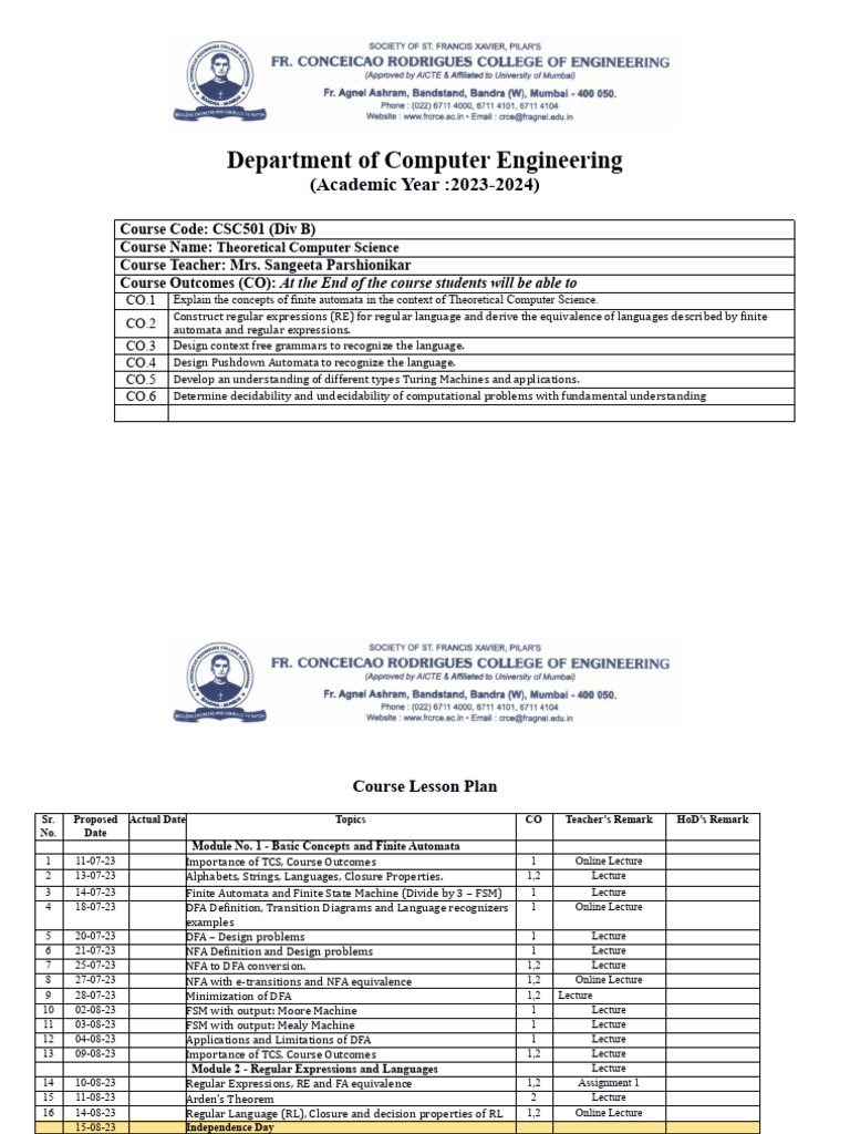 Sem 5 CSC501 Theoritical Computer Science LessoPlan 2023 24 Div B | PDF | Theory Of Computation ...