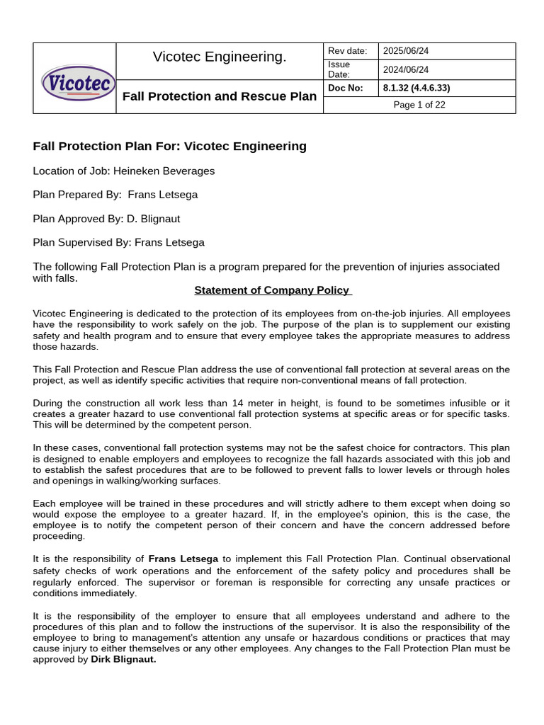 Vicotec Engineering Fall Protection Plan | PDF | Safety