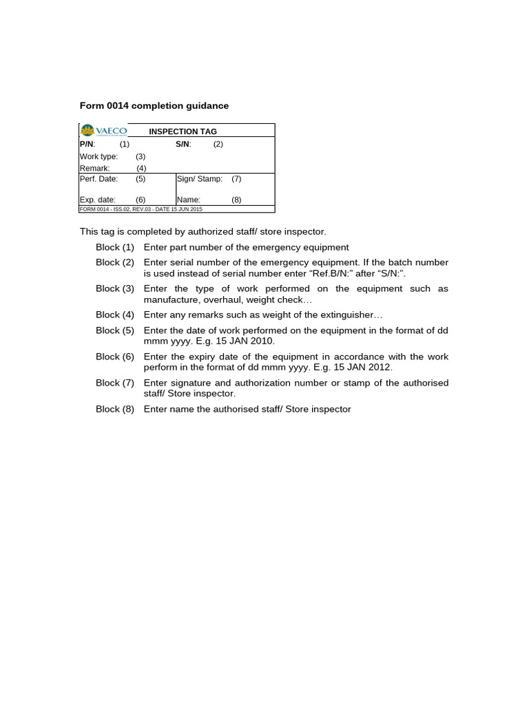 Form 0014 Inspection Tag | PDF