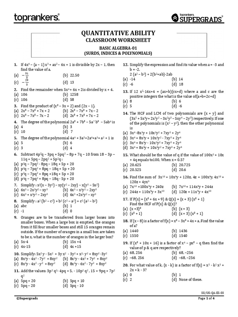 Basic Algebra-01 (Surds, Indices & Polynomials) | PDF | Elementary ...