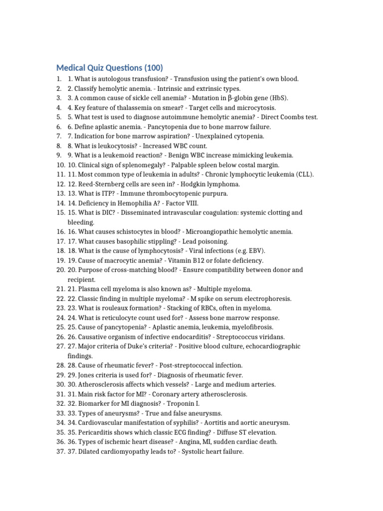 100 Medical Quiz Questions and Answers | PDF | Heart | Anemia