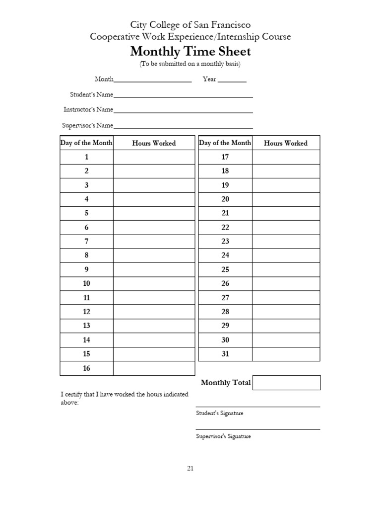 Monthly Time Sheet | PDF