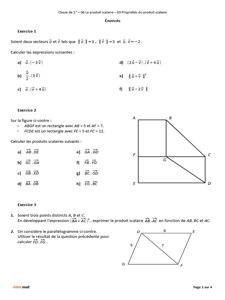 Propriétés du produit scalaire en 1re | PDF | Euclide | Algèbre