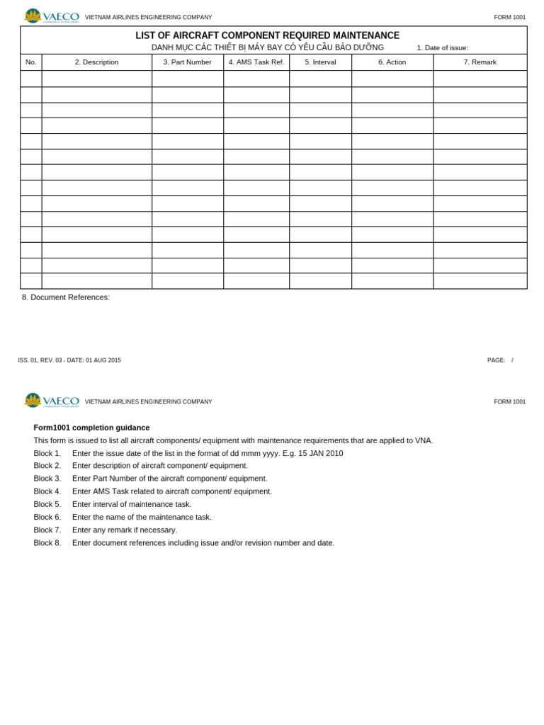 Form 1001 List of Storage Aircraft Component Required Maintenance | PDF