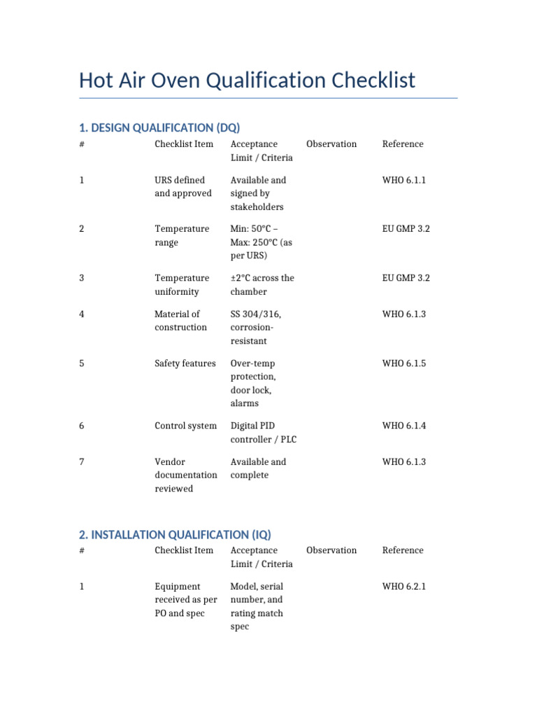 Hot Air Oven Qualification Checklist | PDF