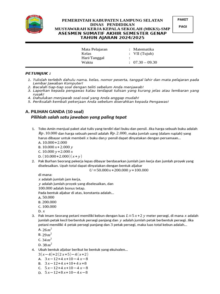 Soal Pas Genap Matematika KLS 7 2024-2025 | PDF