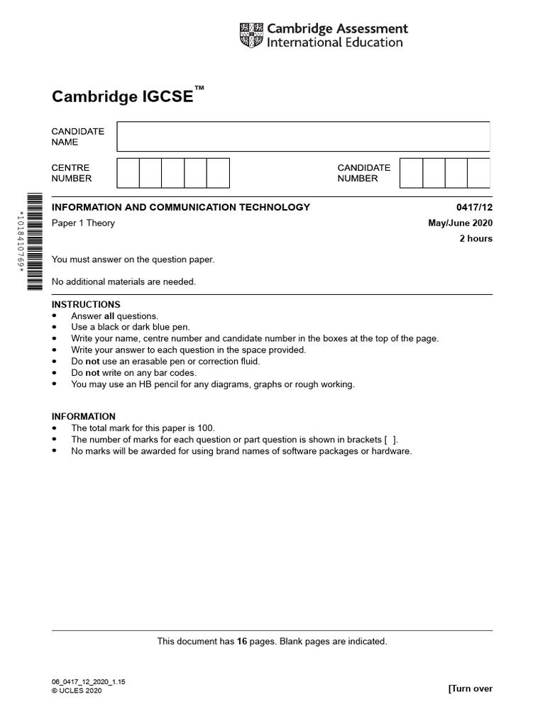 Cambridge IGCSE: 0417/12 Information and Communication Technology | PDF ...