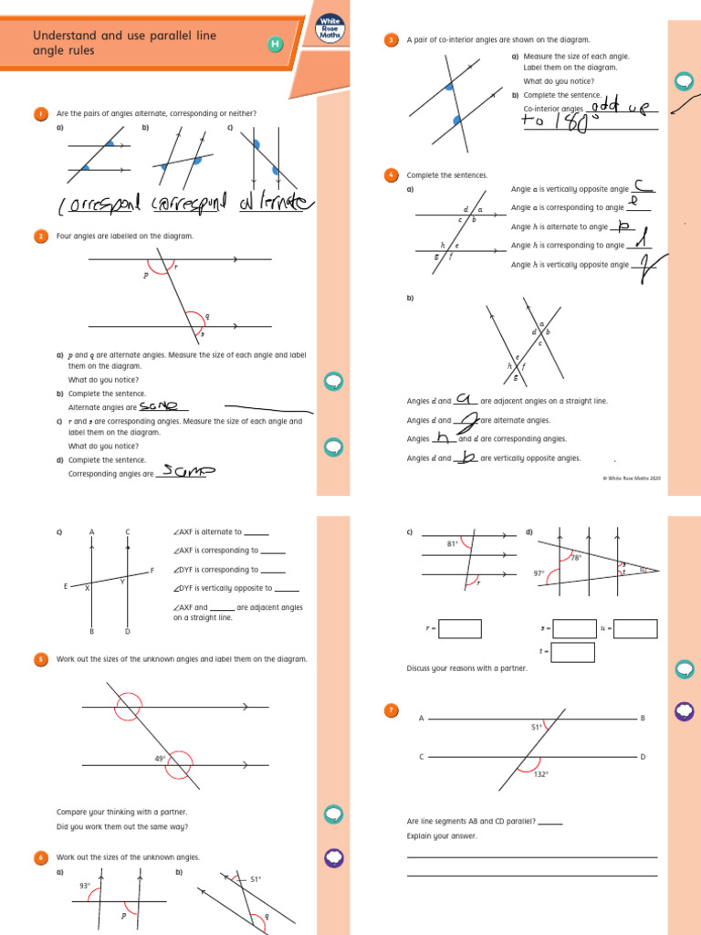 Y7 Summer Block 2 WO10 Understand and Use Parallel Line Angle Rules H 2020 1 | PDF | Angle ...