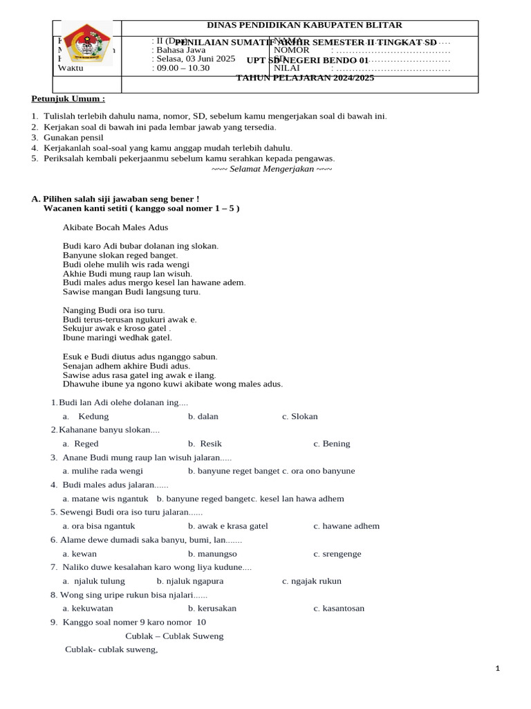 Soal Bahasa Jawa Kelas 2 Semester 2 Tahun 2025 | PDF