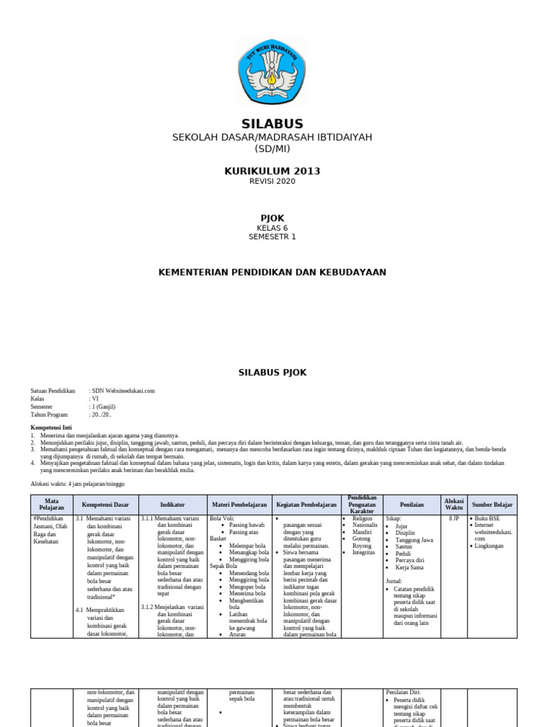 Silabus PJOK 6 Ganjil K13 - 9 Komponen | PDF