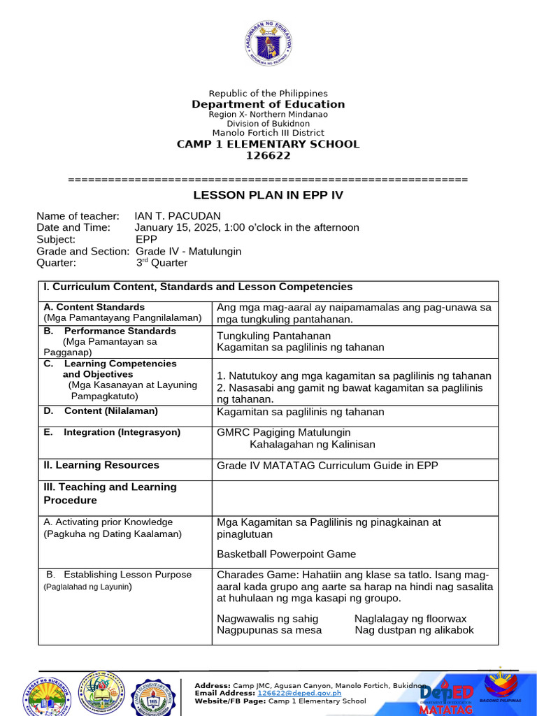 EPP Lesson Plan January 2025 | PDF