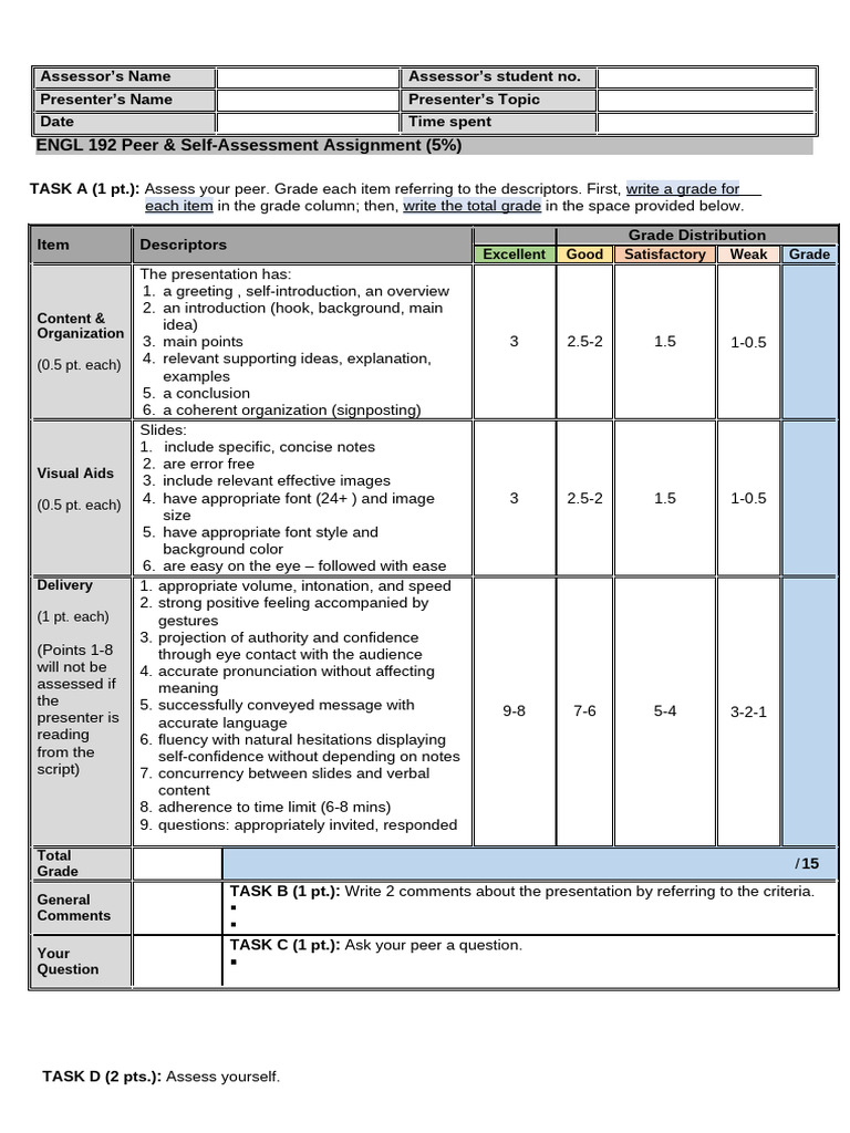 ENGL 192 Peer and Self Assessment Assignment - 5 Pts | PDF | Human ...