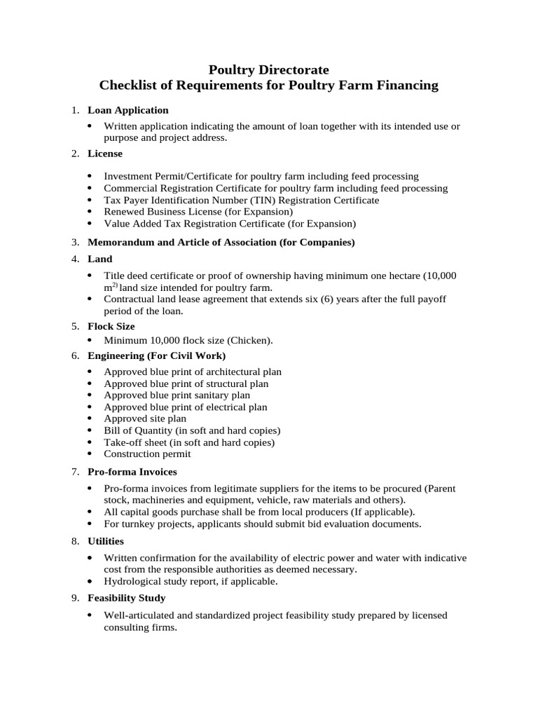 Checklist of Requirements for a Loan - Poultry | PDF | Environmental ...