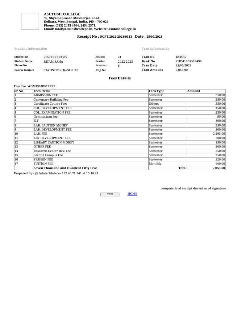 Asutosh College Fees Receipt 2023 | PDF