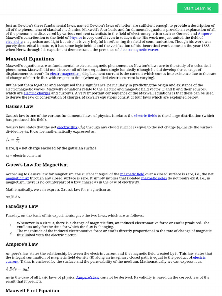 Maxwell's Equation - Gauss Law, Faraday's Law, Ampere's Law, Uses | PDF