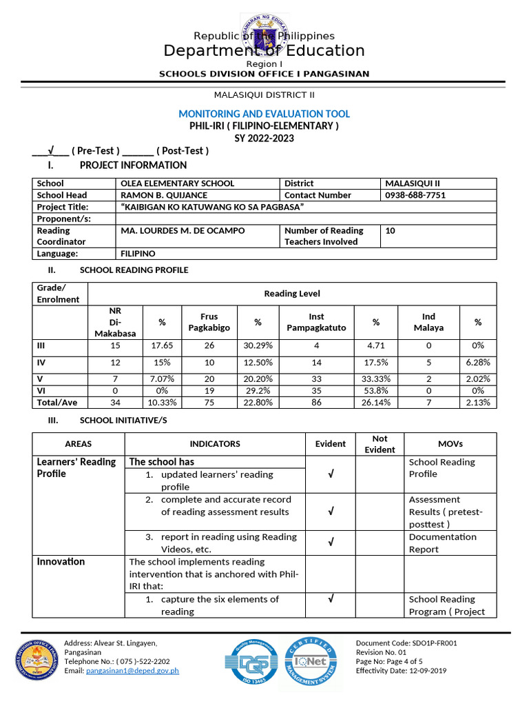 Monitoring and Evaluation Tool Sa Filipino | PDF | Pedagogy | Learning
