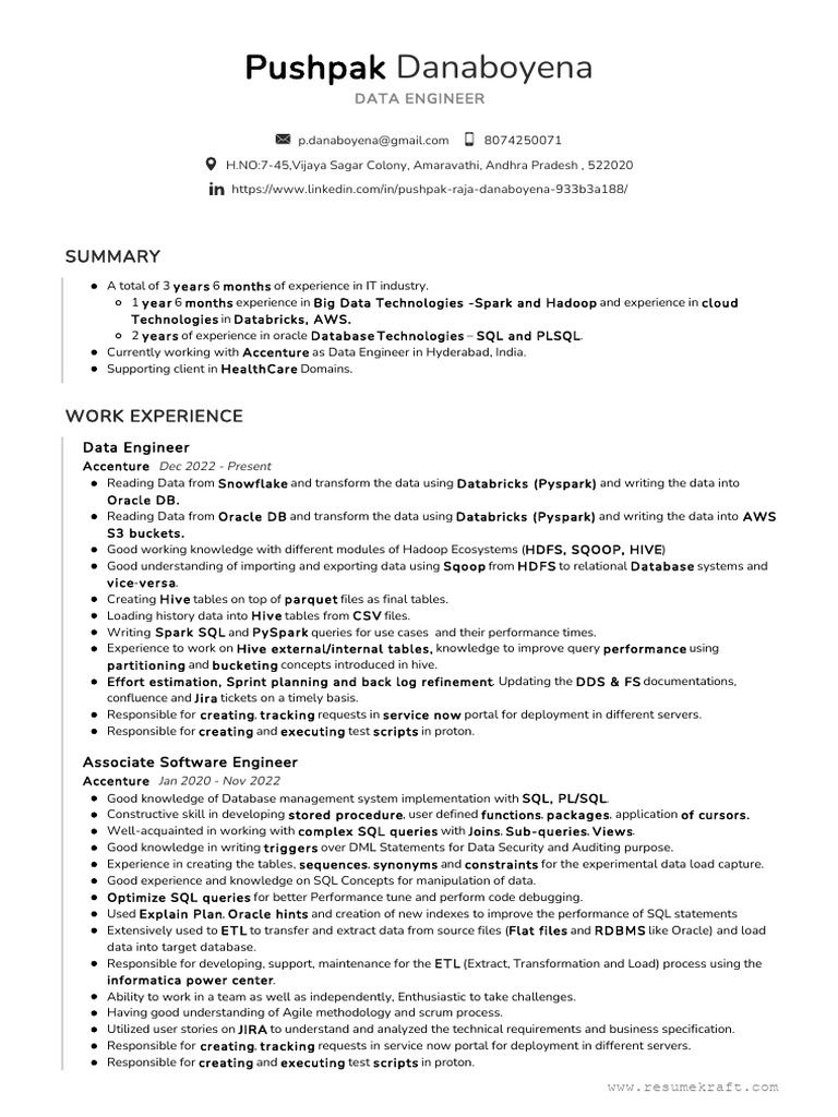 Pushpak DataEngineer Resume | PDF | Sql | Databases