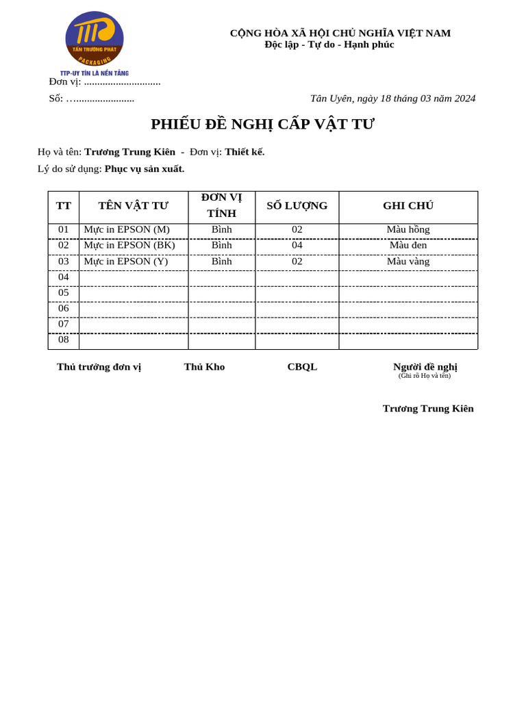 Bm 03-Qt 08 Phieu de Nghi Cap Vt | PDF