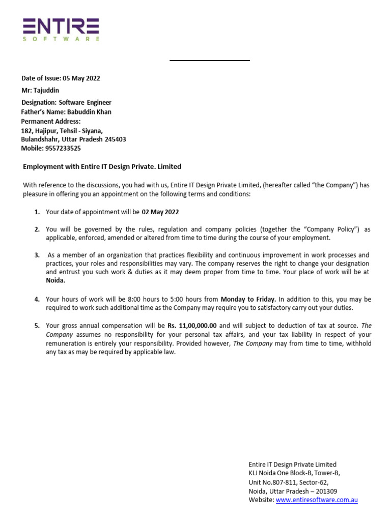 Appointment Letter for Software Engineer | PDF | Employment | Probation