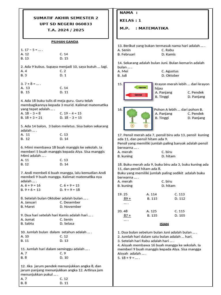 Soal Matematika Kelas 1 SD | PDF