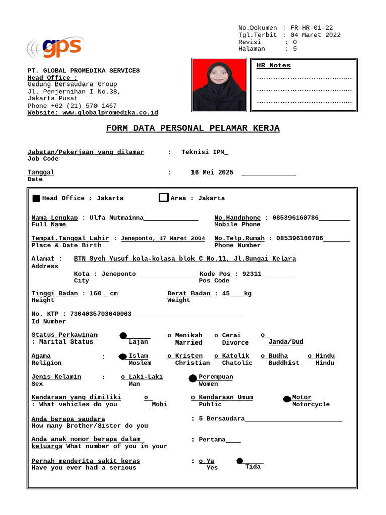 Form Data Personal Pelamar Kerja - Pt. Global Promedika Services. (Ulfa ...