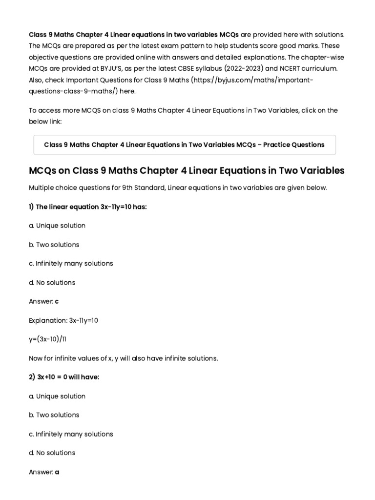 Maths Class 9 Maths Chapter 4 Linear Equations in Two Variables Mcqs | PDF | Equations ...