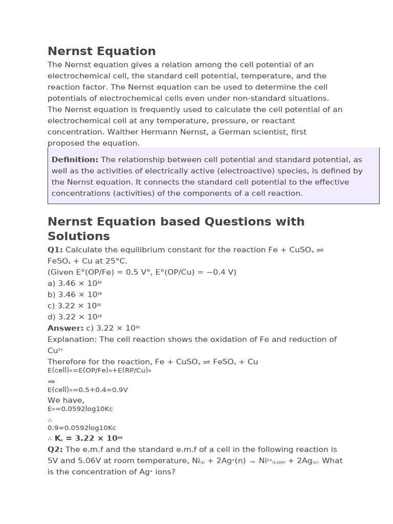 Nerst Equation Based Ques | PDF | Electrochemistry | Ph