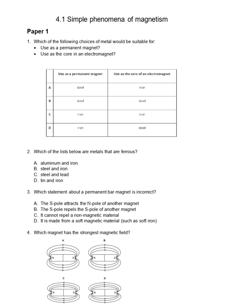 4.1 Simple Phenomena of Magnetism Worksheet | PDF | Magnet | Magnetism