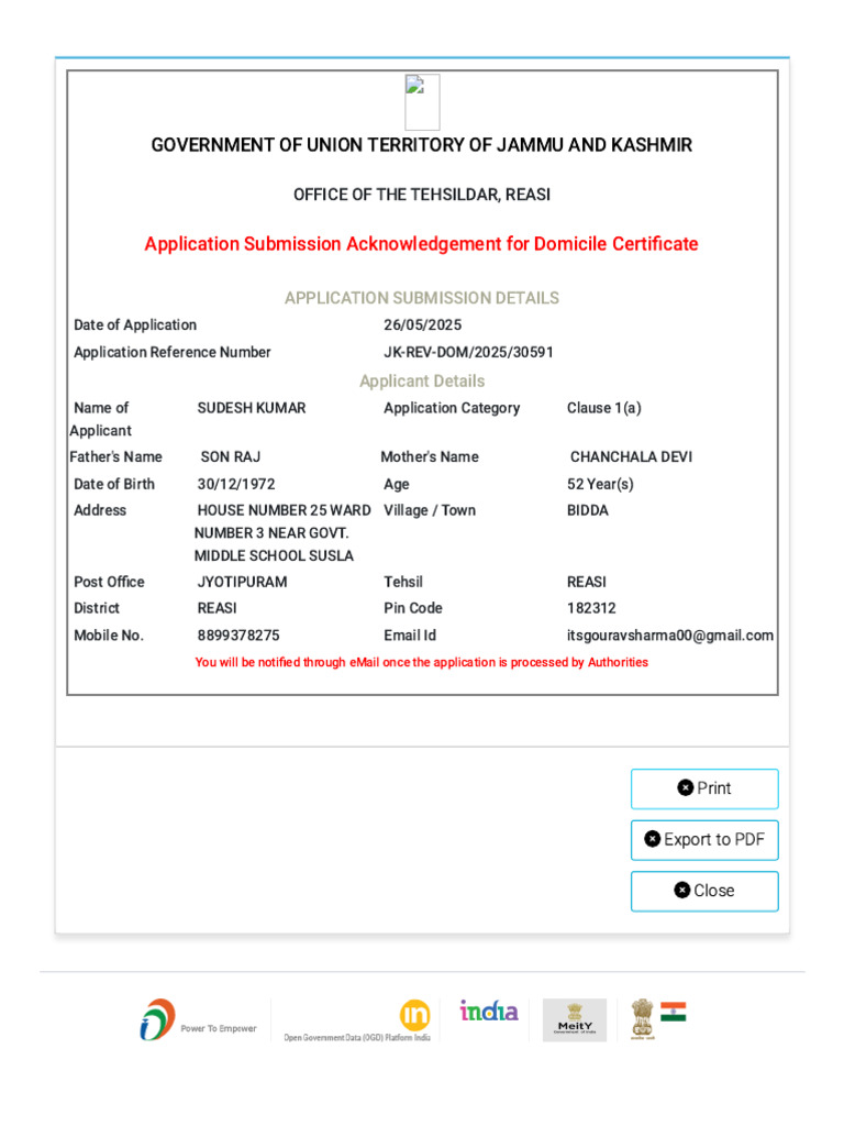 Domicile Certificate Application Acknowledgment | PDF
