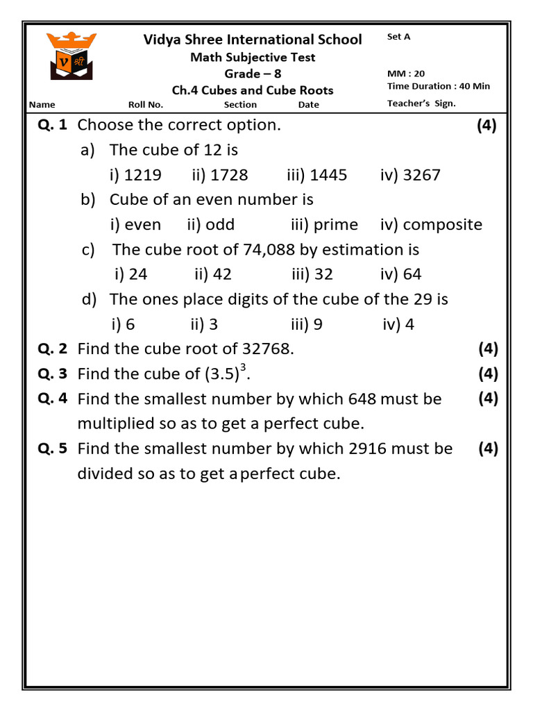 Grade 8 Ch.4 Cubes and Cube Roots Math | PDF | Discrete Mathematics ...