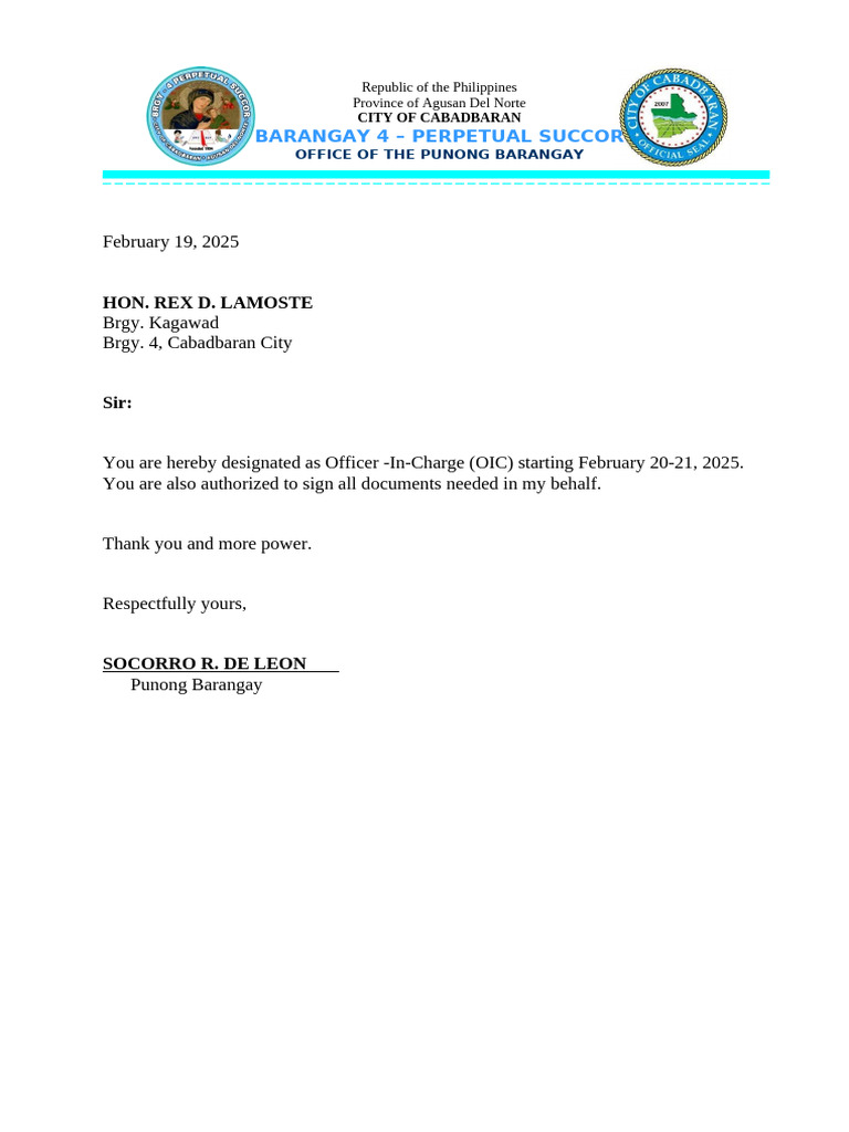 OIC Designation Letter for Brgy. 4 | PDF