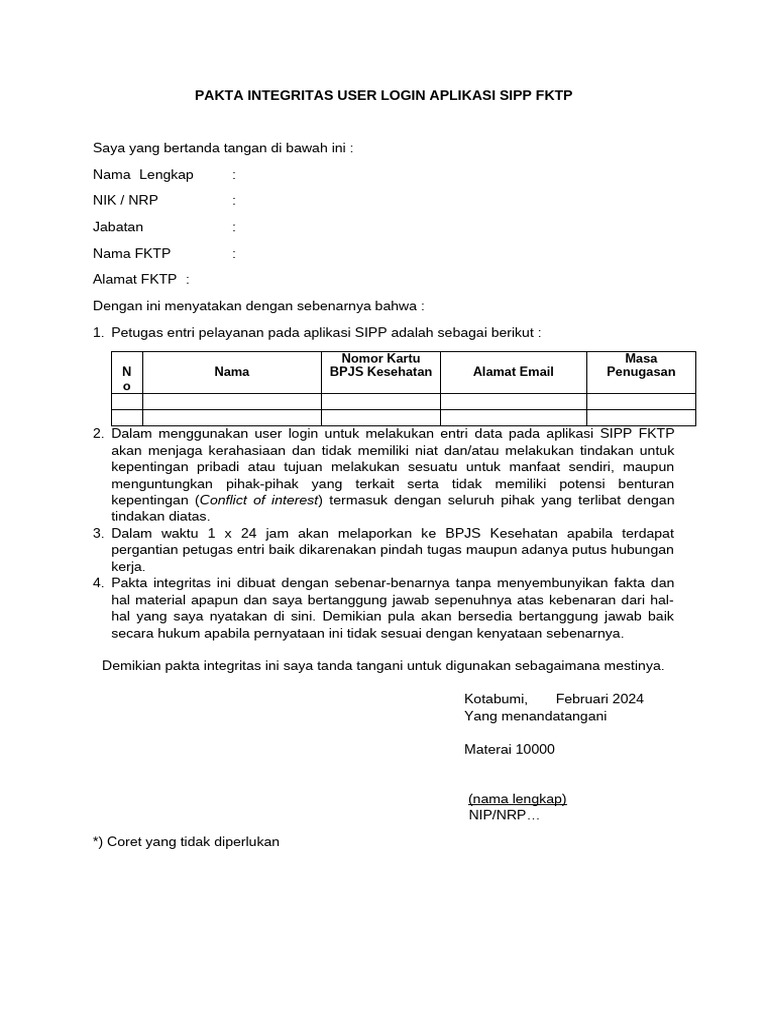 Form Pakta Integritas Aplikasi SIPP | PDF