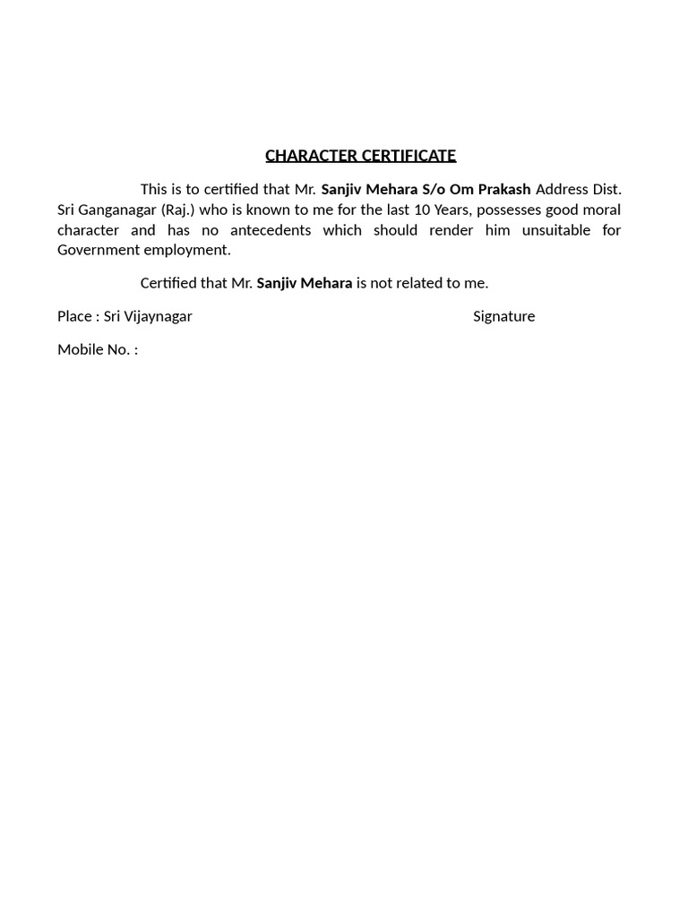 Character Certificate | PDF