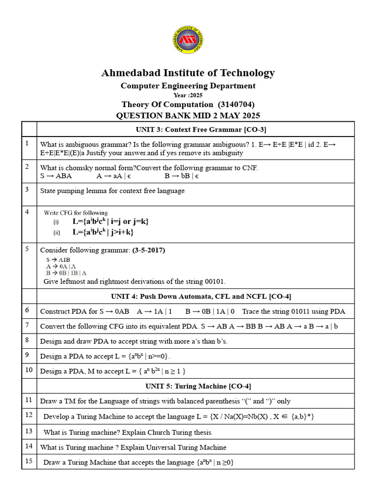 TOC_QUESTION BANK MID 2 MAY 2025.docx | PDF