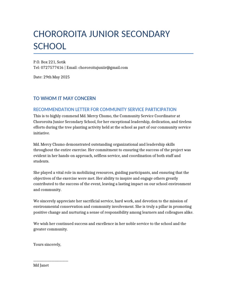 Recommendation Letter Mercy Chumo Coordinator | PDF