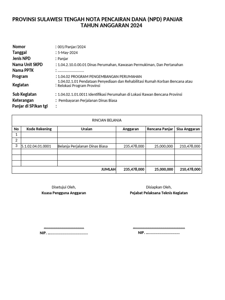 Contoh NPD Panjar PLBG 2024 | PDF